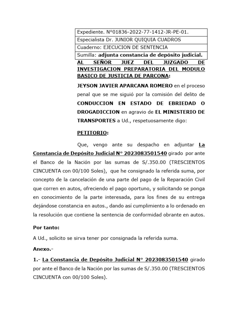 Adjunta Constancia de Depósito judicial-JEYSON APARCANA | PDF
