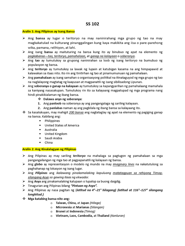 Ss 102 (Midterm Reviewer) | PDF | Philippines