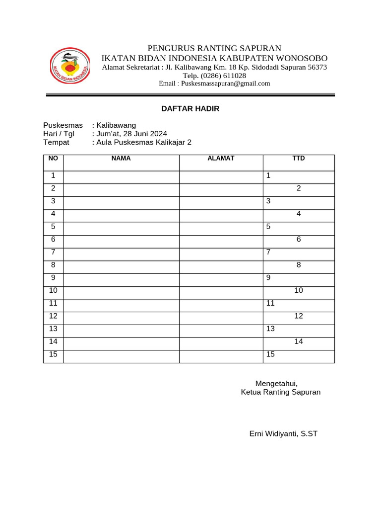 Daftar Hadir Ibi Ranting Sapuran | PDF