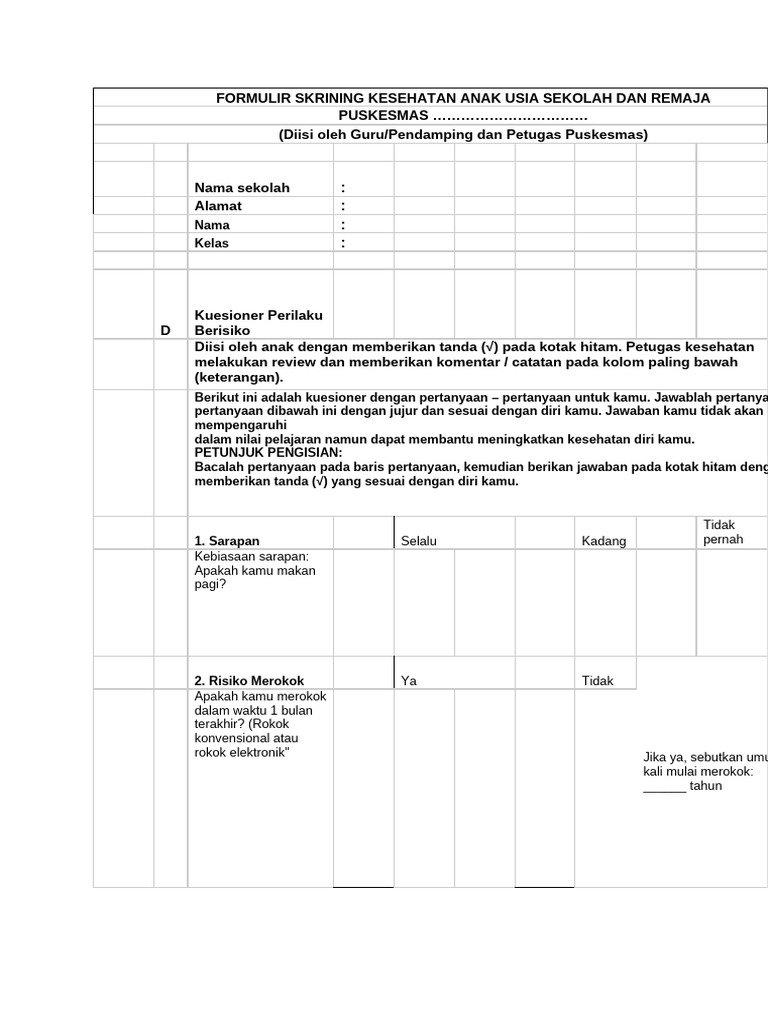 Formulir Skrining Kesehatan Anak Usia Sekolah Dan Remaja | PDF