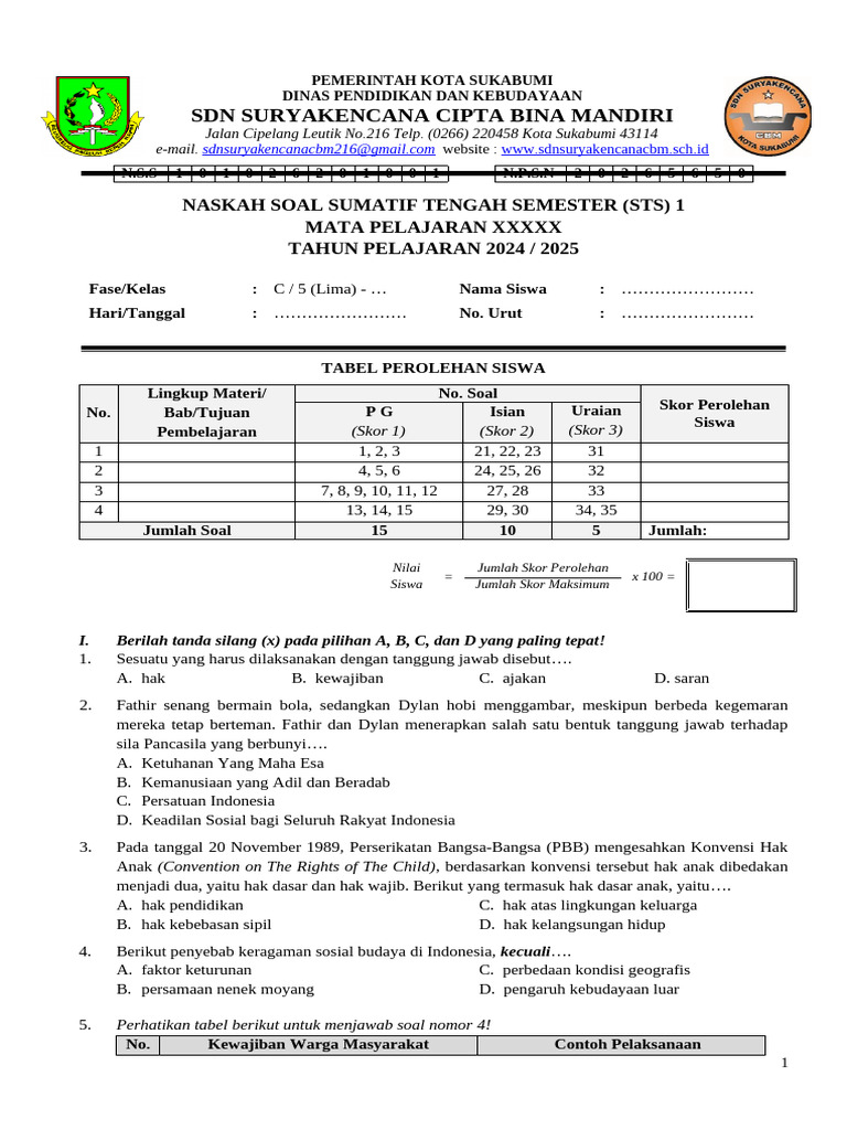 TEMPLATE Naskah STS 1 - KELAS 4, 5, DAN 6 | PDF