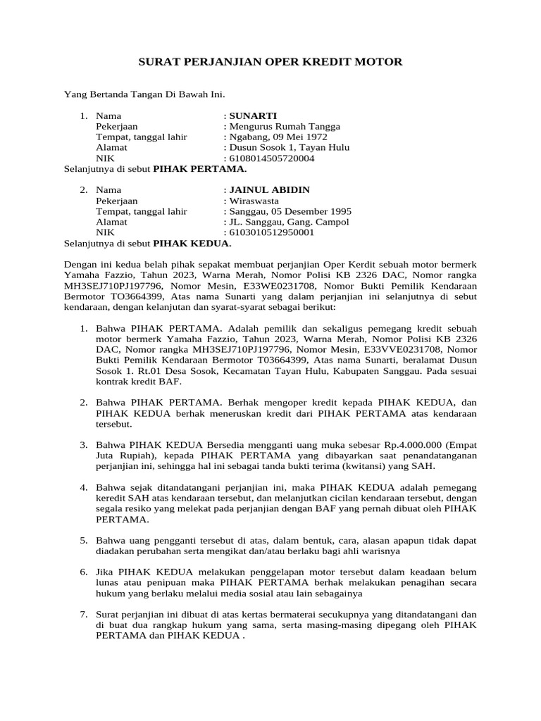 Surat Perjanjian Oper Kredit Motor | PDF