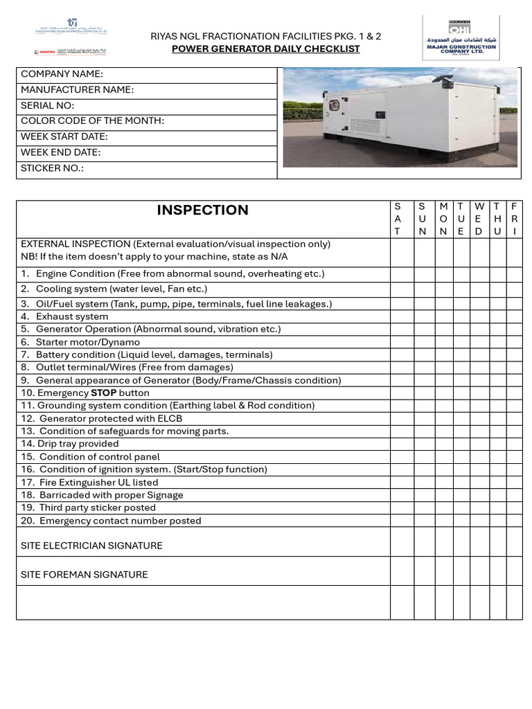 Power Generator Daily CHECKLIST | PDF