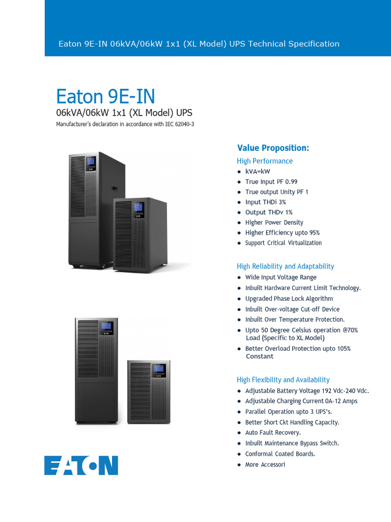 Eaton 9E-In 6000 VA (Long Back UP Model) 1x1 UPS System | PDF | Battery Charger | Electrical ...