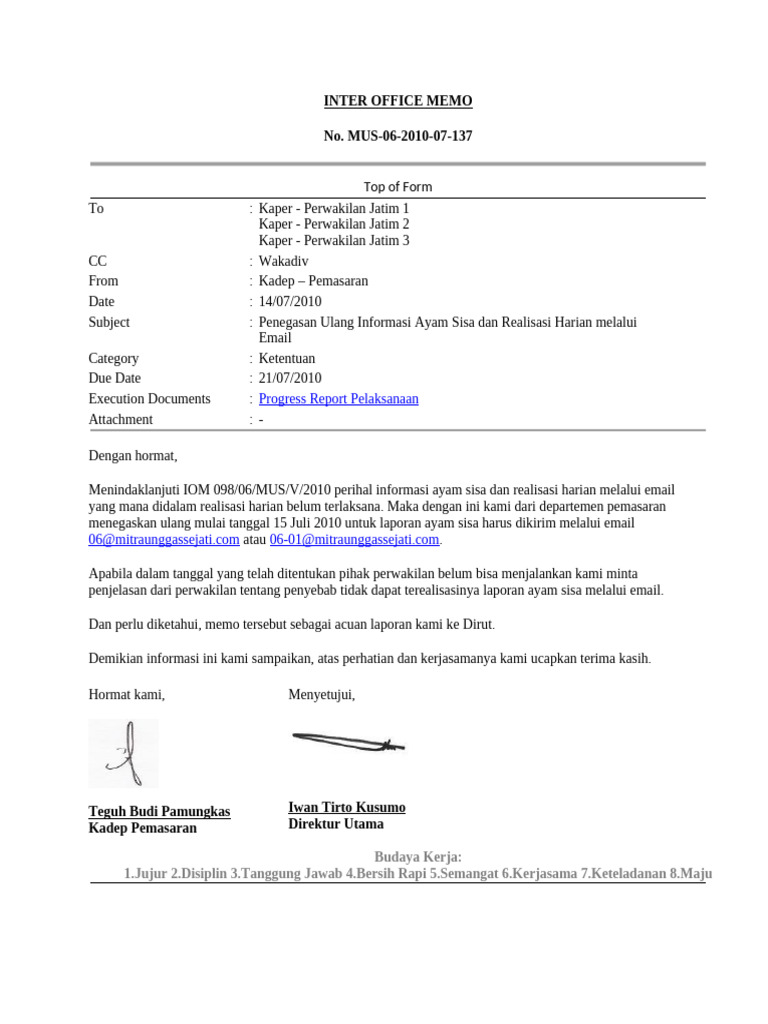 INTER OFFICE MEMO MUS-06-2010-07-137 Penegasan Ulang Informasi Ayam Sisa Dan Realisasi Harian ...