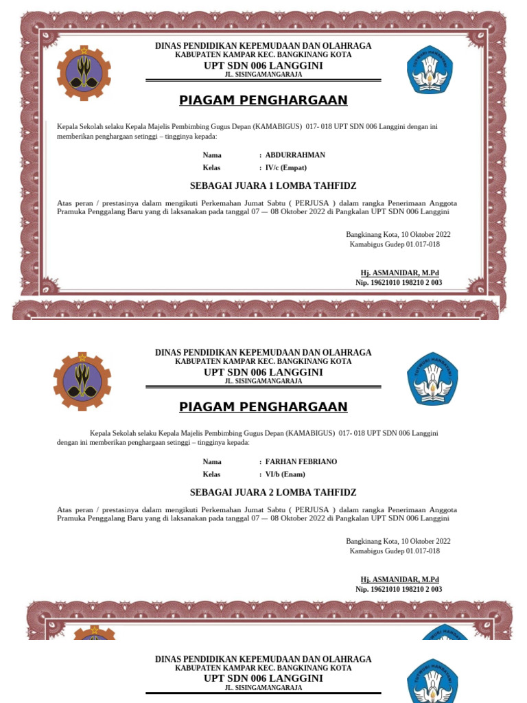 Piagam Pramuka LOMBA TAHFIDZ | PDF