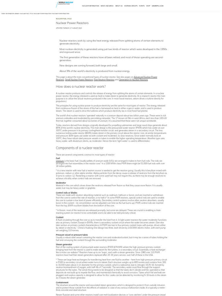Nuclear Power Reactors - World Nuclear Association | PDF