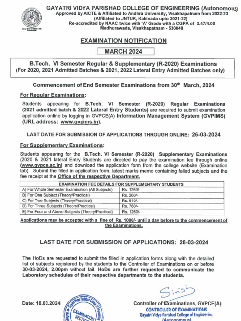 B.Tech. VI Semester (R-2020) Regular & Supplementary Examinations Notification-March 2024 | PDF