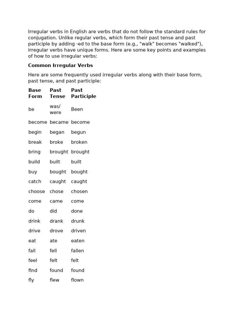 Irregular Verbs in English Are Verbs That Do Not Follow The Standard ...