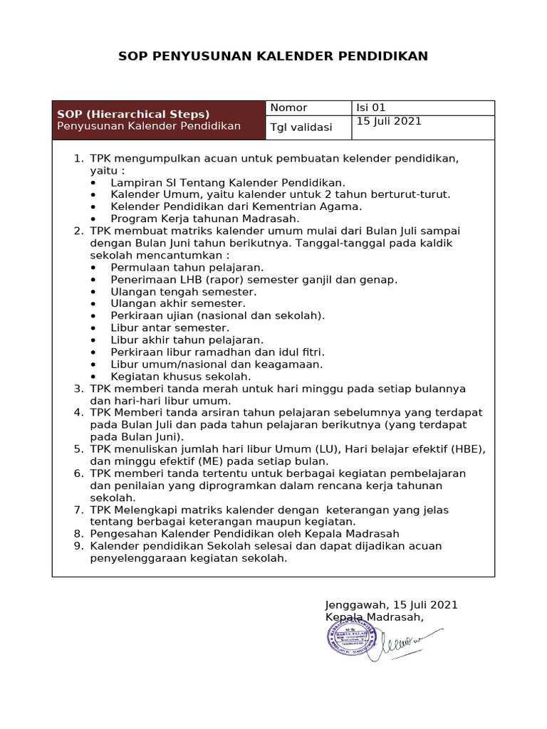 Sop Penyusunan Kalender Pendidikan | PDF