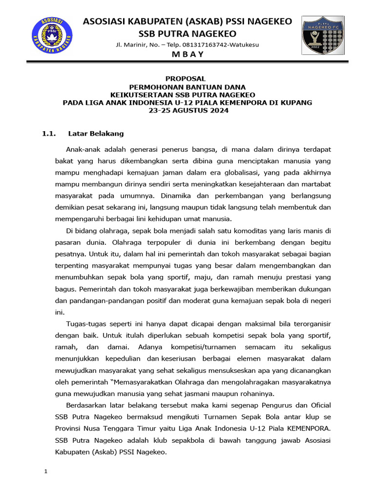 Proposal SSB Putra Nagekeo U-12 | PDF