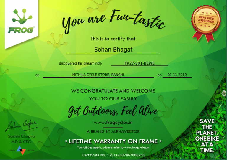 FROG Cycles Certificate | PDF