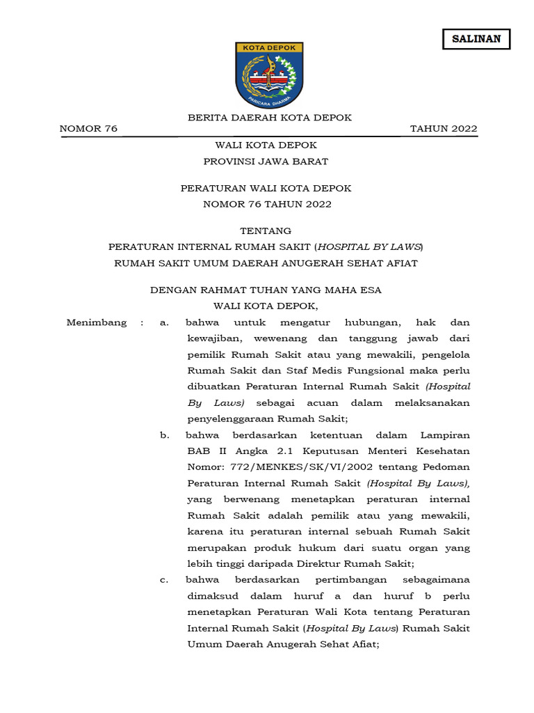Peraturan Internal Rumah Sakit Hospital by Laws Rsud Asa | PDF