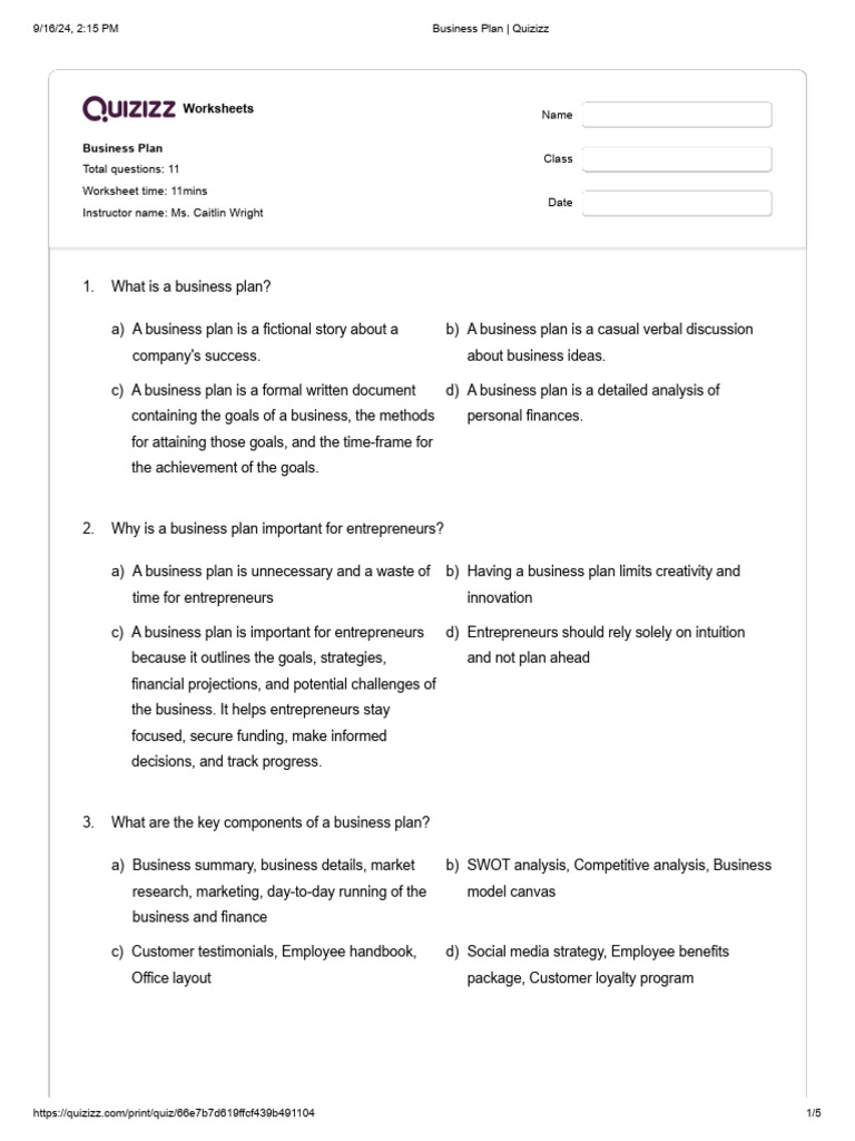 Business Plan - Quizizz | PDF