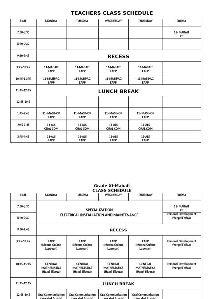 Teachers Class Schedule 2023 | PDF