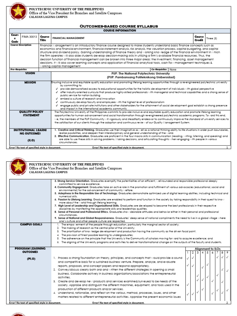 2023 OBTL Syllabus Financial Management | PDF