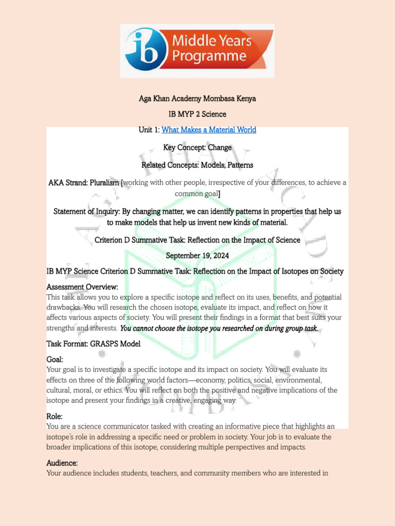 IB MYP 2 Science Summative Assessment - Criterion D | PDF