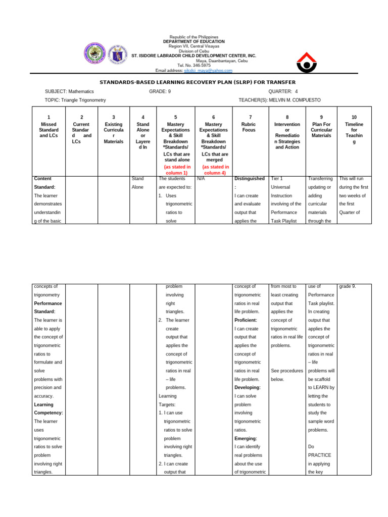 SLRP_MATH 9_TRANSFER | PDF