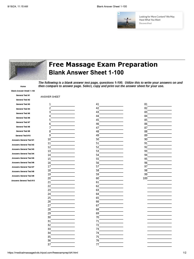 Blank Answer Sheet 1-100 | PDF