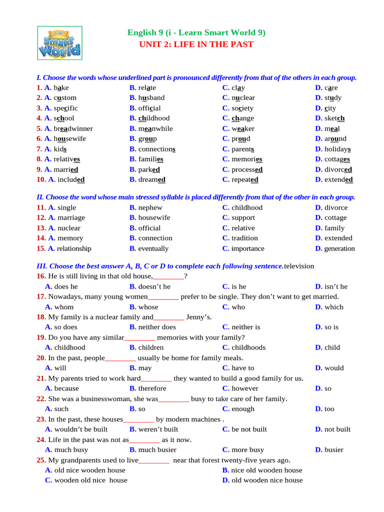 Bài tập bổ trợ I-learn Smart World 9 HK1 Unit 2 (HS) | PDF