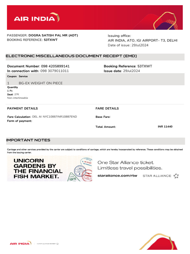 Air India Web Booking Eticket (53TXWT) - SATISH PAL | PDF