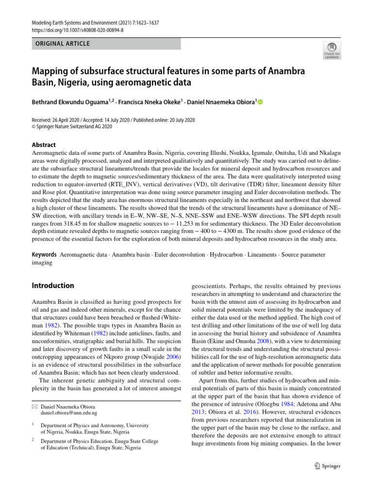 Mapping of Subsurface Structural Features in Some Parts of Anambra Basin, Nigeria, Using ...