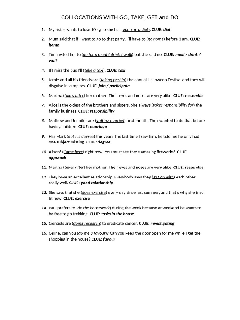 UNIT 1 - Collocations With GO, TAKE, GET, DO | PDF