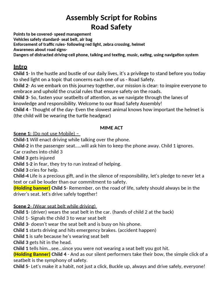 Script for the assembly-Road safety | PDF