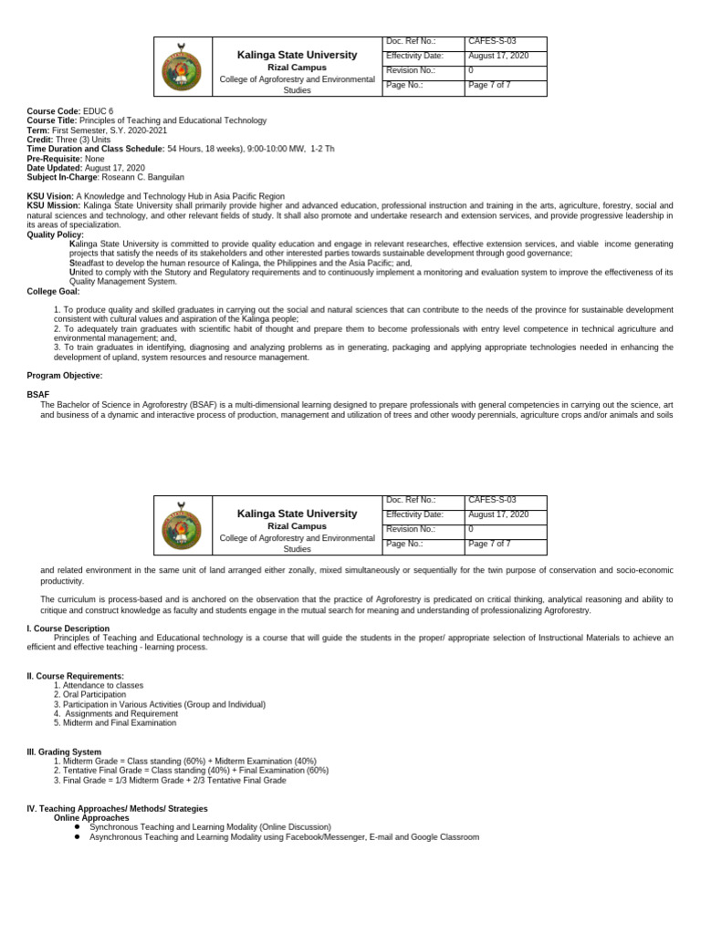 EDUC 6 Syllabus - 1st Sem (2020-2021) | PDF