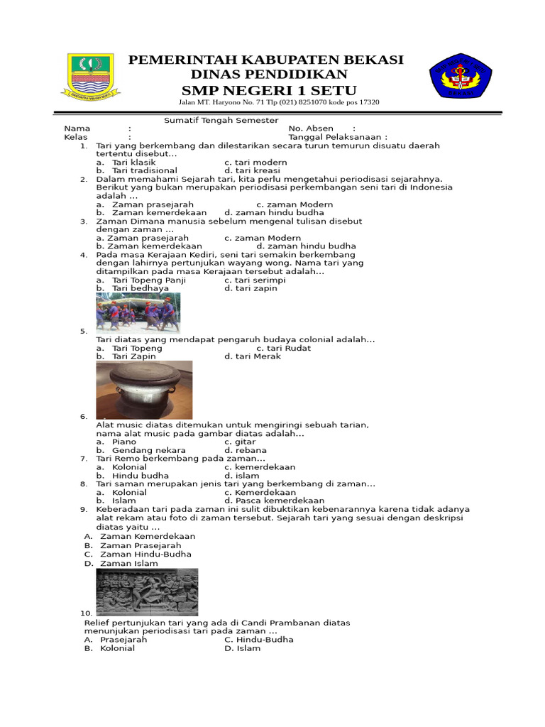 Soal STS Seni Tari Kelas 7 | PDF | Indonesia