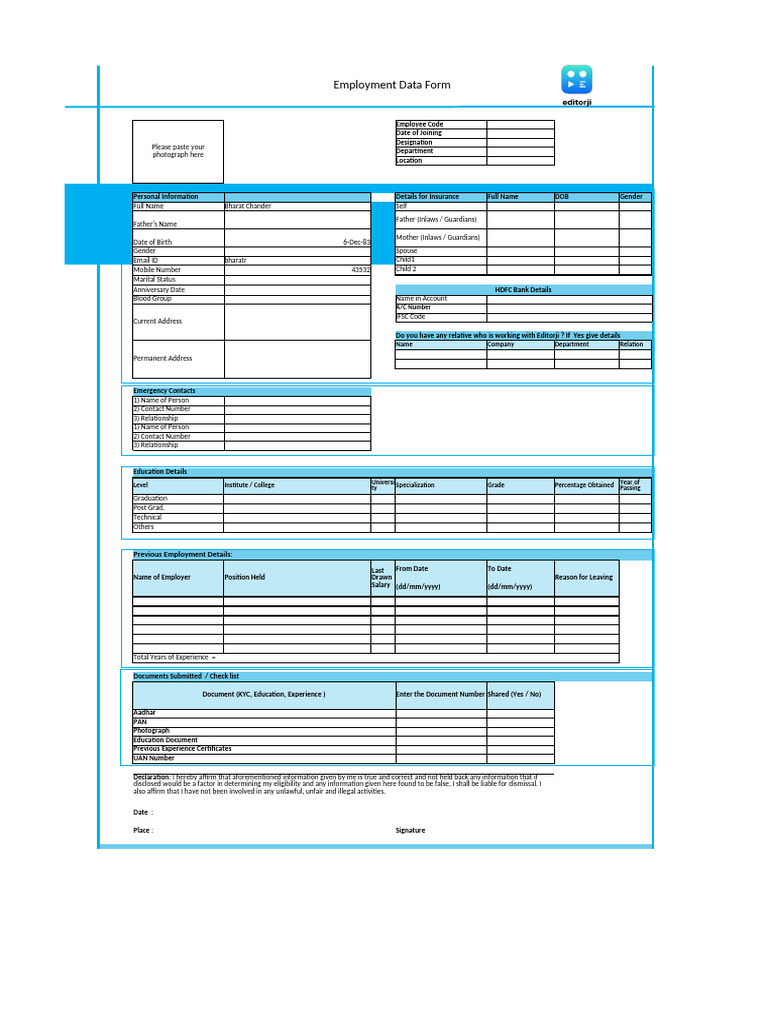 Employee Data Form and PF Form | PDF