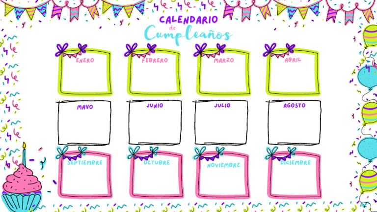 Calendario de Cumpleaños Ilustrado Globos Lila y Rosa | PDF