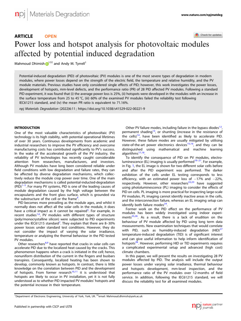 Power Loss and Hotspot Analysis For Photovoltaic Modules Affected by ...