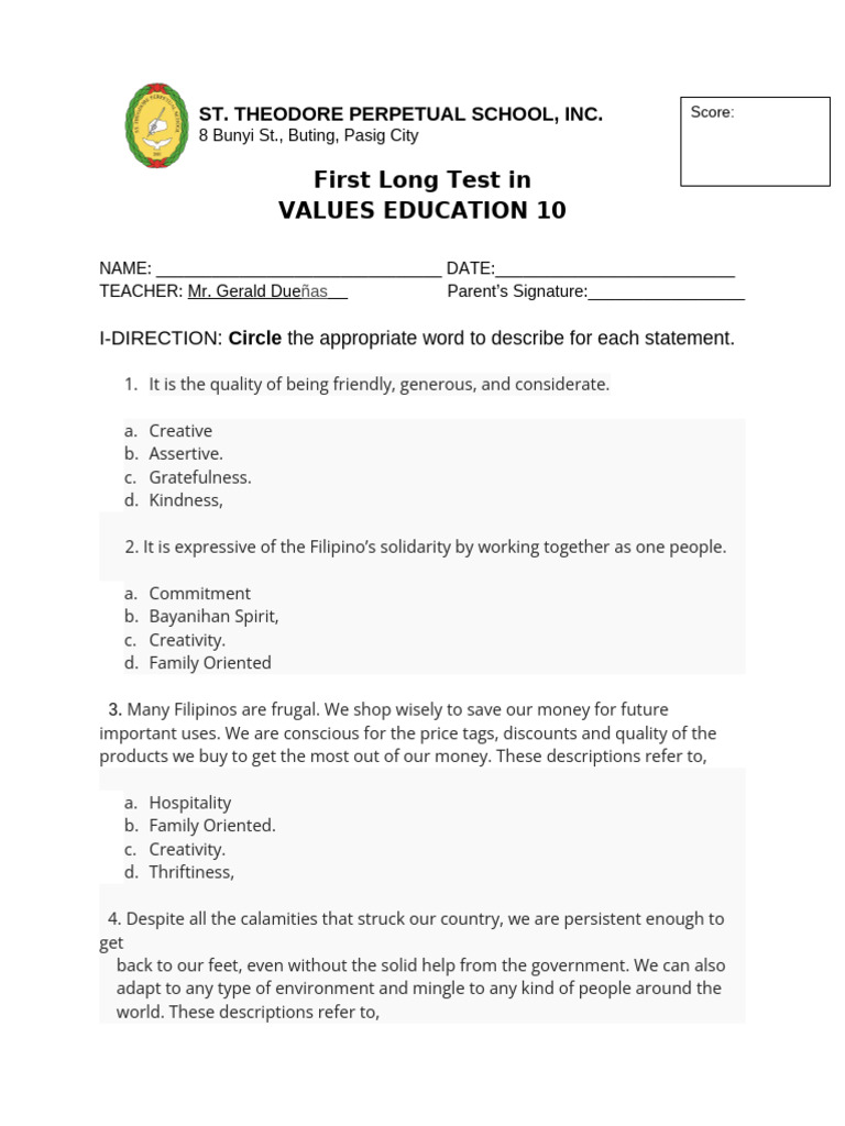 Val Ed. Grade 10 | PDF