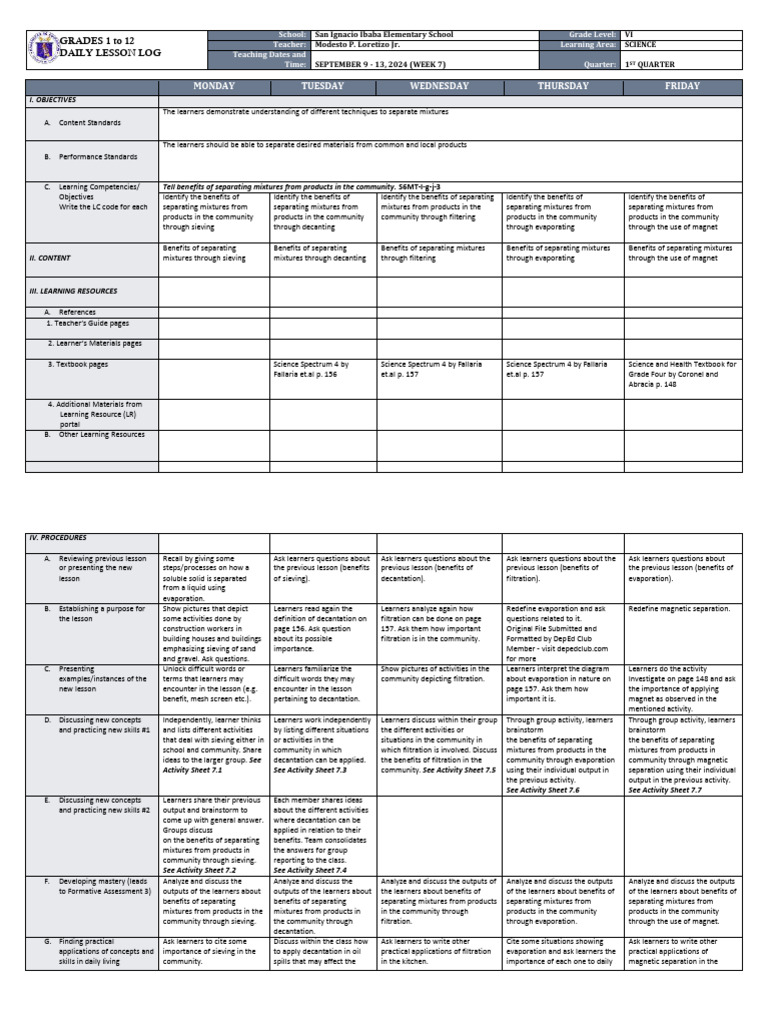 DLL - Science 6 - Q1 - W7 | PDF