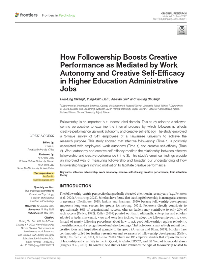 How Followership Boosts Creative Performance As Mediated by Work Autonomy and Creative Self ...