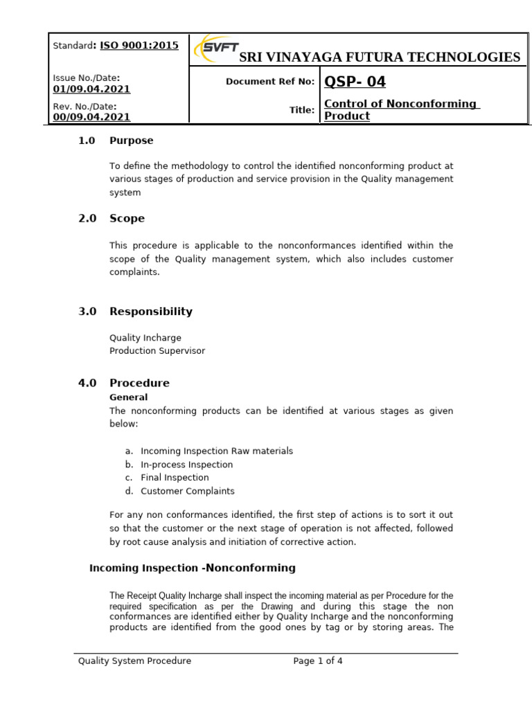 04 Control Of Non Conforming Product Word Document Pdf