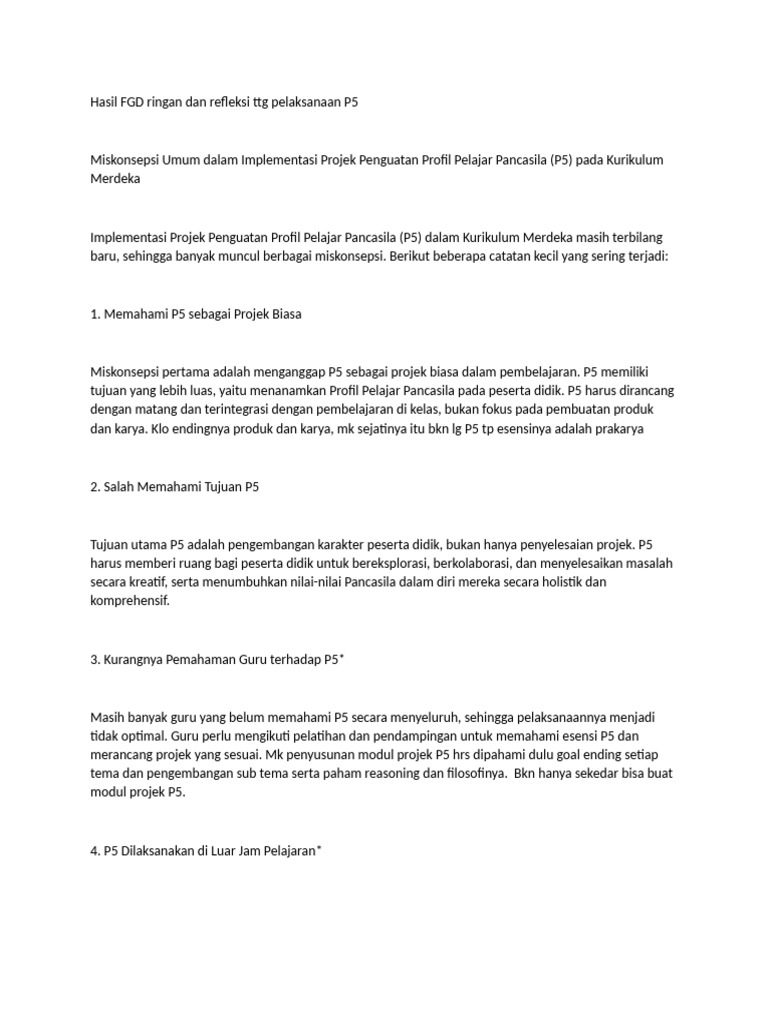 Hasil FGD Ringan Dan Refleksi TTG Pelaksanaan P5 | PDF
