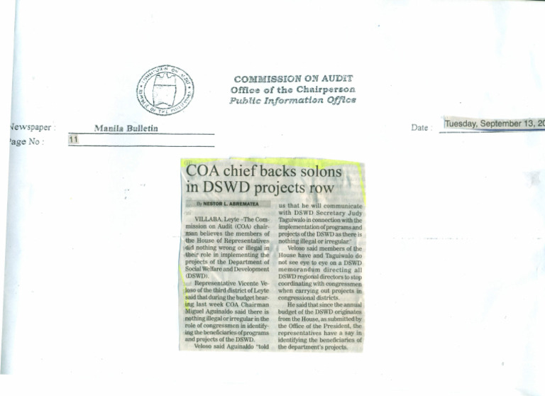Manila Bulletin - COA Chief Backs Solons in DSWD Projects Row | PDF