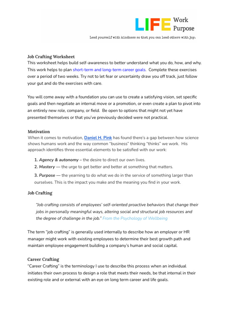 Job Crafting Worksheet for Career Growth | PDF | Psychological Concepts ...