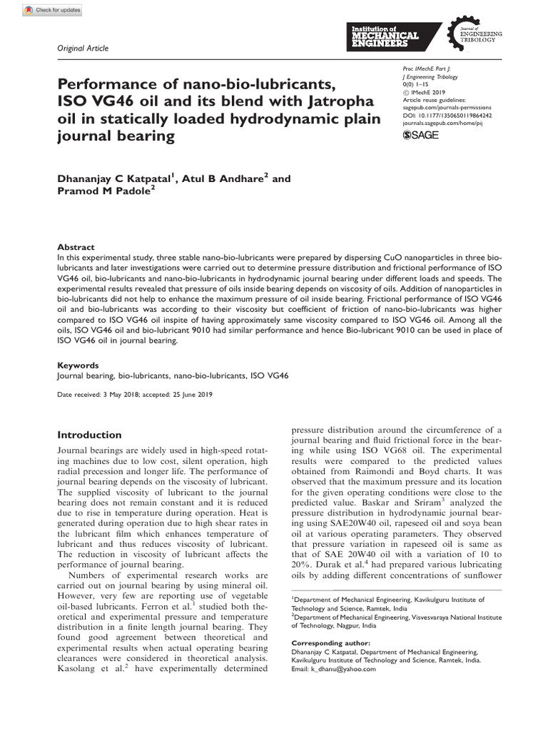 Performance of Nano-Bio-Lubricants, ISO VG46 Oil and Its Blend With ...