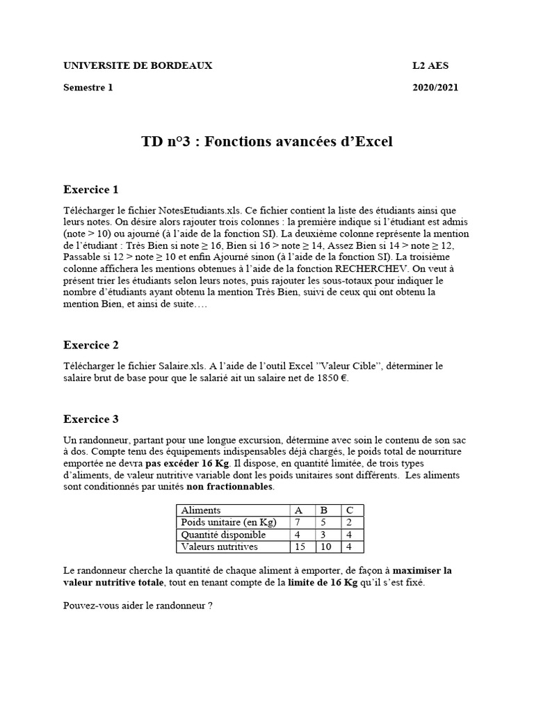 TD N°3: Fonctions Avancées D'excel: Exercice 1 | PDF