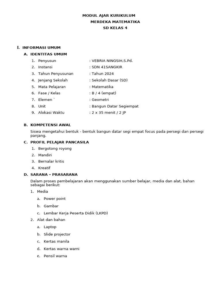 Modul Ajar TTG Bangun Datar | PDF