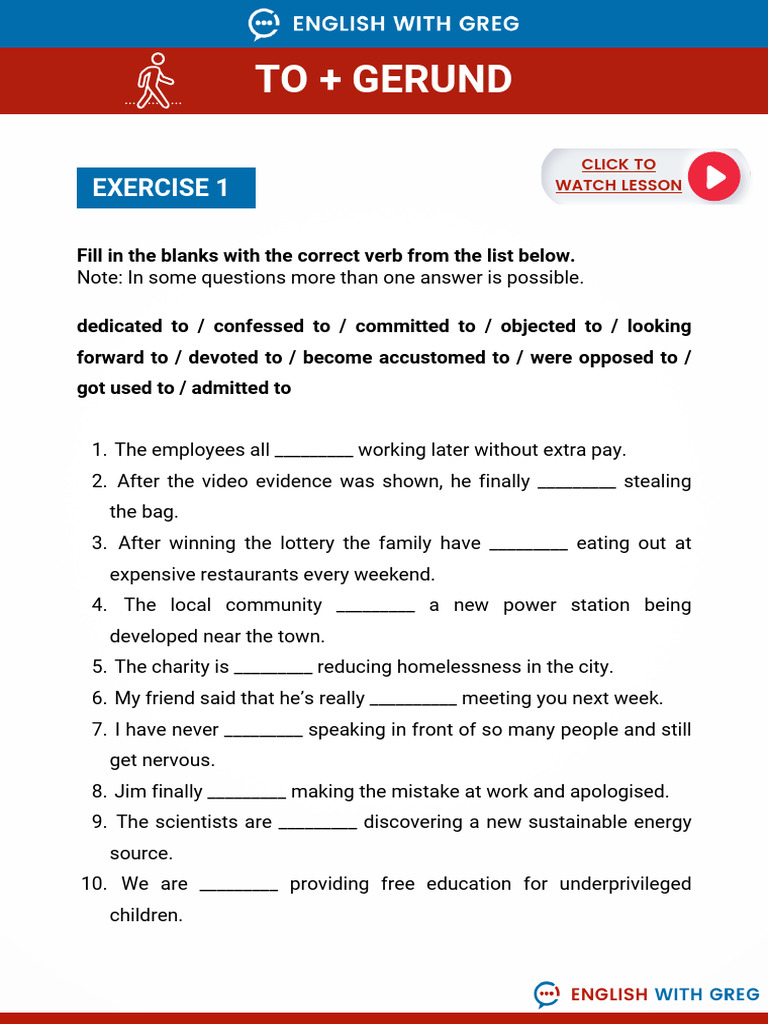 22) To + Gerund (E.g. To Going) - Exam Prep Exercises | PDF