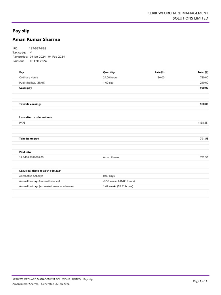 Keri Kiwi Payslip | PDF
