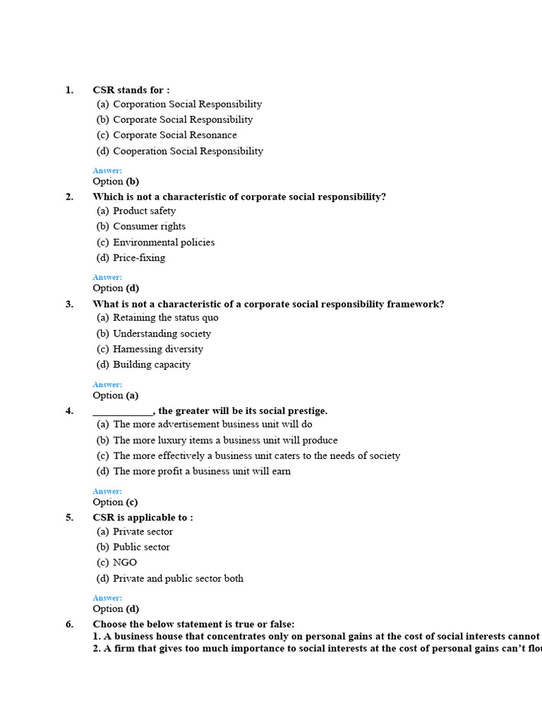 CSR MCQ 2 | PDF | Corporate Social Responsibility | Marketing