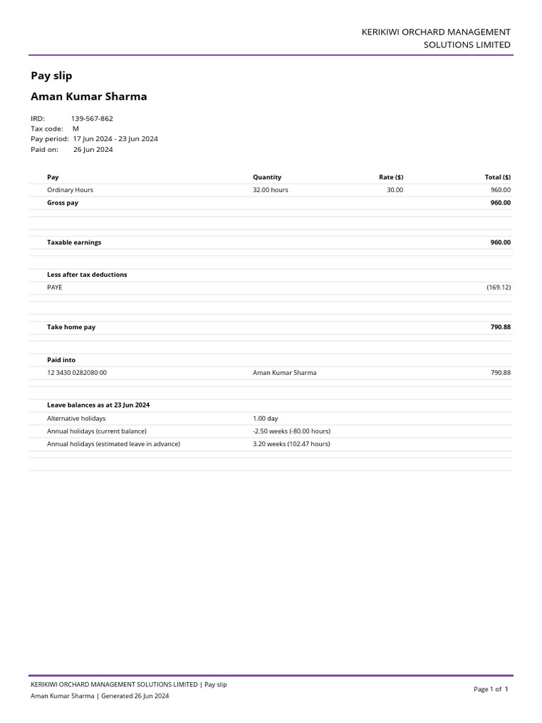 Keri Kiwi Payslip | PDF