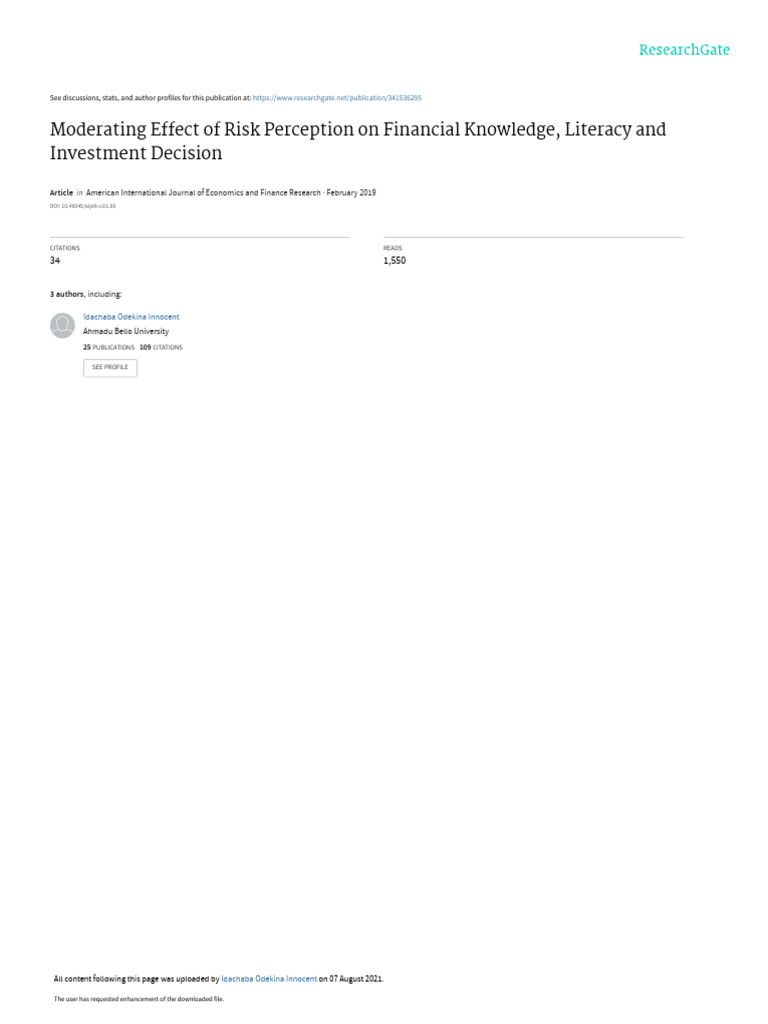 Moderating Effect of Risk Perception On Financial Knowledge, Literacy ...