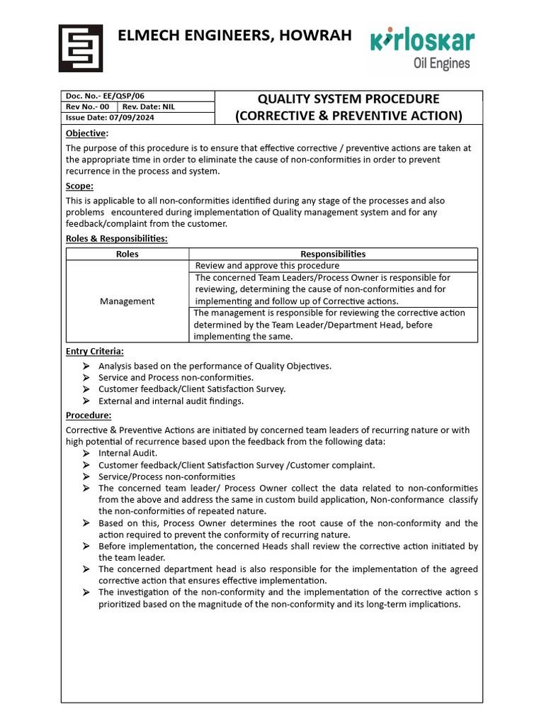 Quality System Procedure - Corrective Action & Preventive Action (CAPA ...