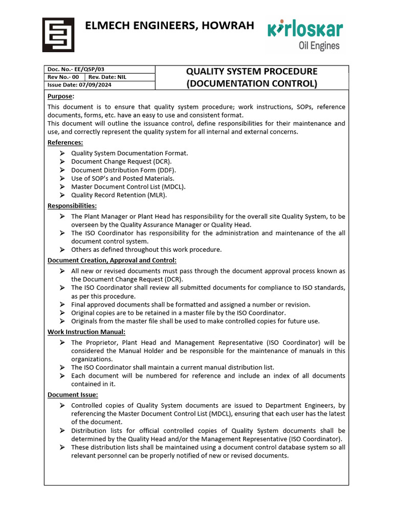 Quality System Procedure - Documentation Control | PDF